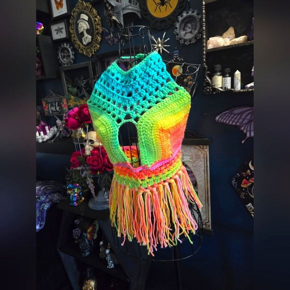 Tops | Custom Crocheted Bright Neon Fringe Halter Top | Poshmark